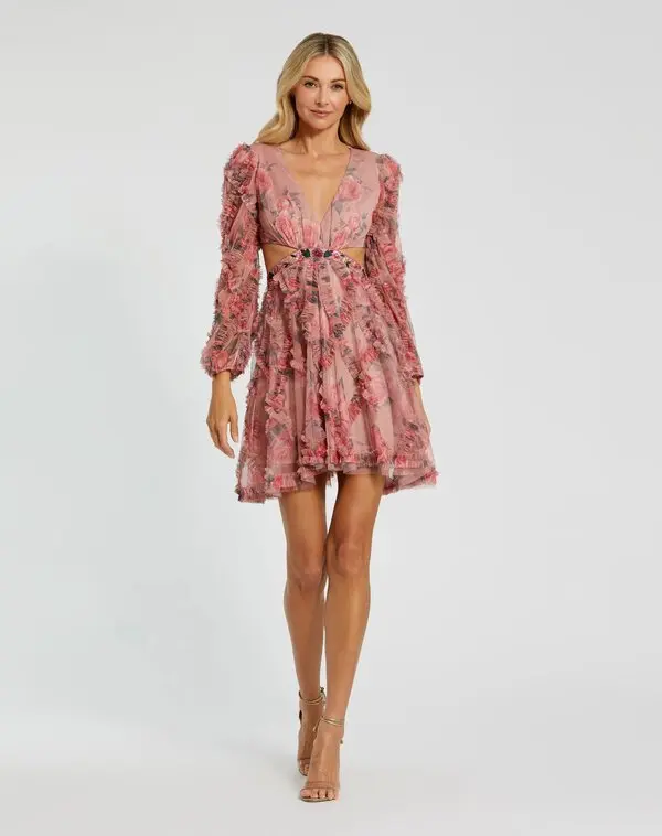 Mac Duggal Floral-printed Mesh Mini Dress - Rose Multi