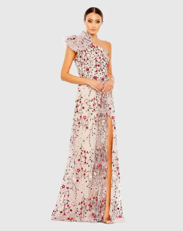 Mac Duggal Embellished One-shoulder Floral Gown