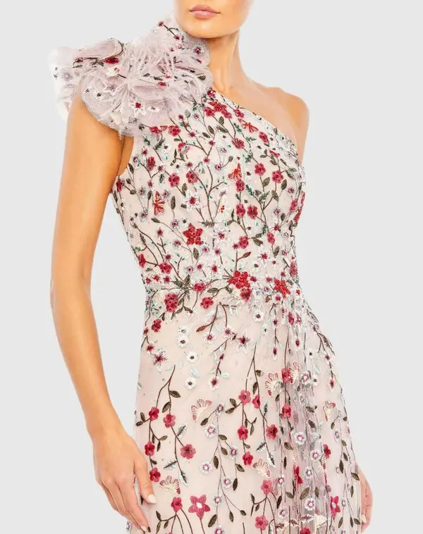 Mac Duggal Embellished One-shoulder Floral Gown