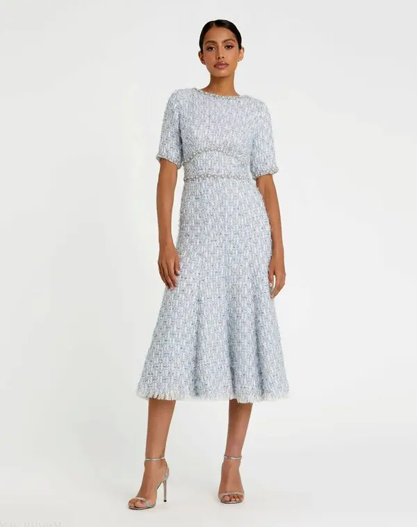 Mac Duggal Boucle Midi Dress With Beaded Trim