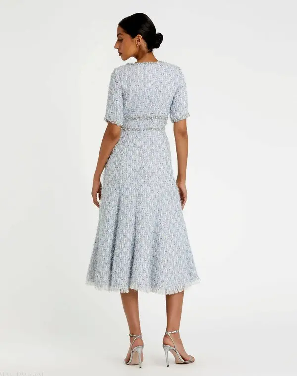 Mac Duggal Boucle Midi Dress With Beaded Trim