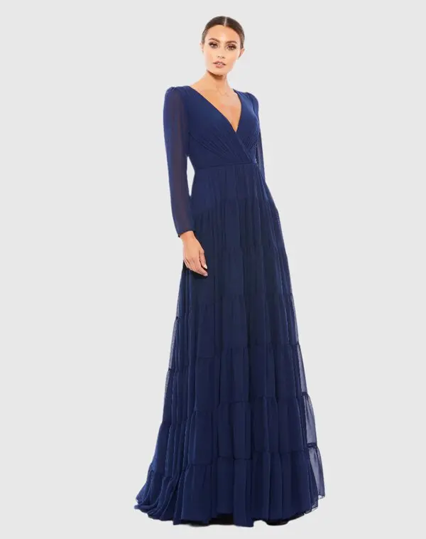 Mac Duggal Faux Wrap Illusion Long Sleeve Tiered Maxi Gown