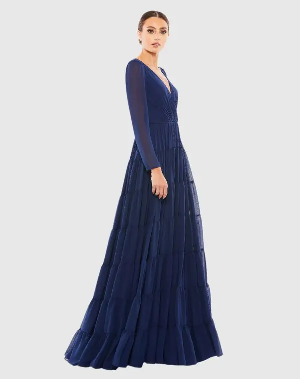 Mac Duggal Faux Wrap Illusion Long Sleeve Tiered Gown