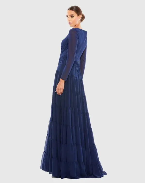 Mac Duggal Faux Wrap Illusion Long Sleeve Tiered Gown