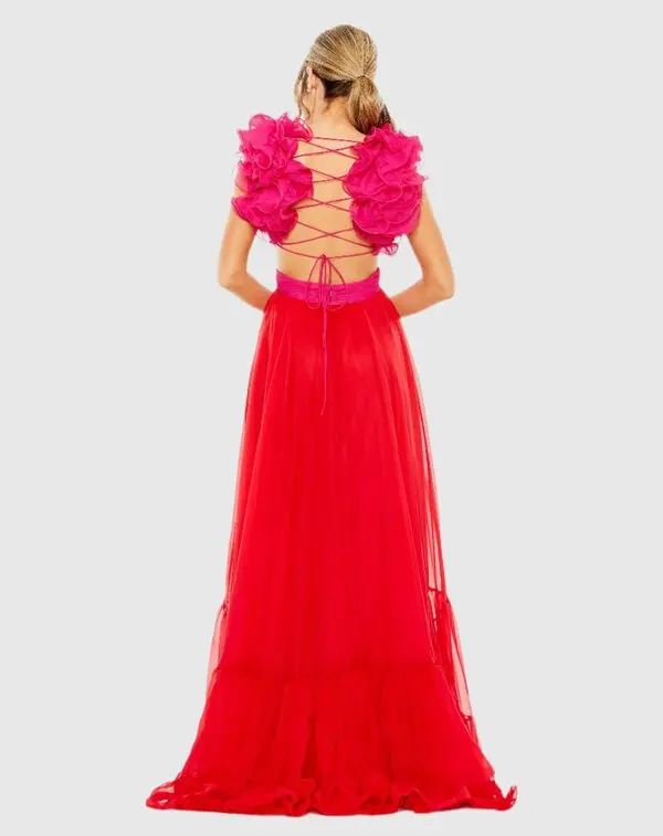 Mac Duggal - Pink and Red Ruffle Tiered Cut Out Lace Up Chiffon Gown - Red Pink / US 8