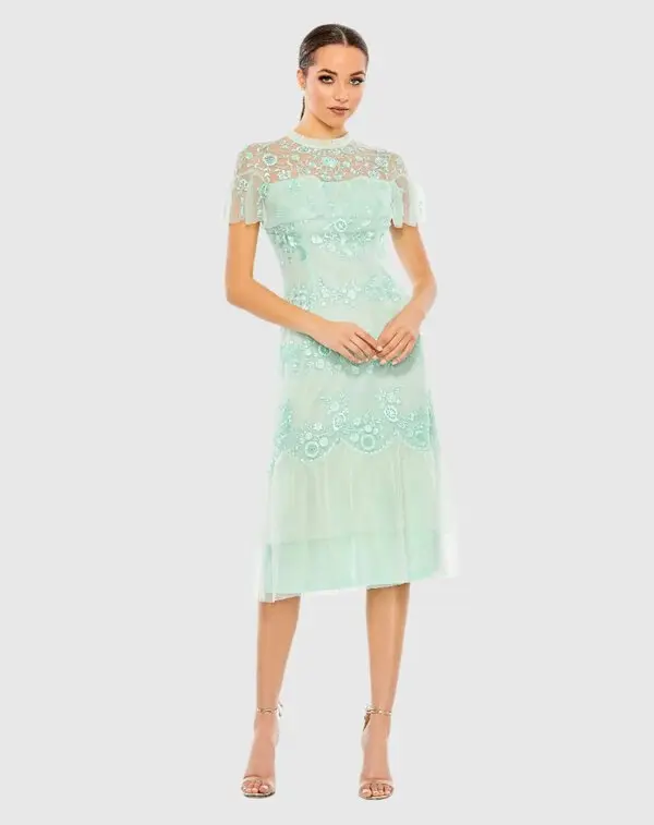 Mac Duggal Embroidered Ruffled Cap Sleeve Midi Dress