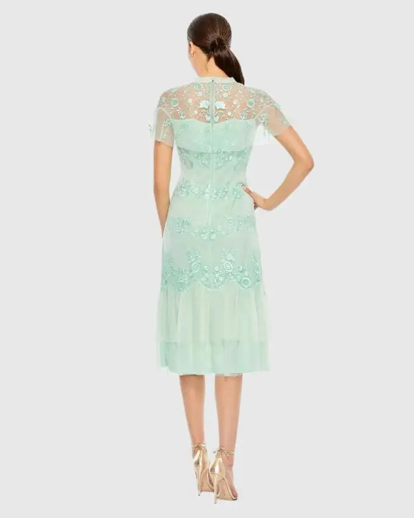 Mac Duggal Embroidered Ruffled Cap Sleeve Midi Dress