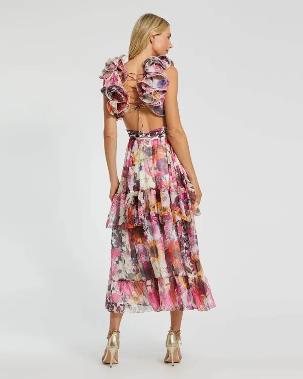 Mac Duggal Floral Chiffon Ruffle Tiered Midi Dress - White Multi