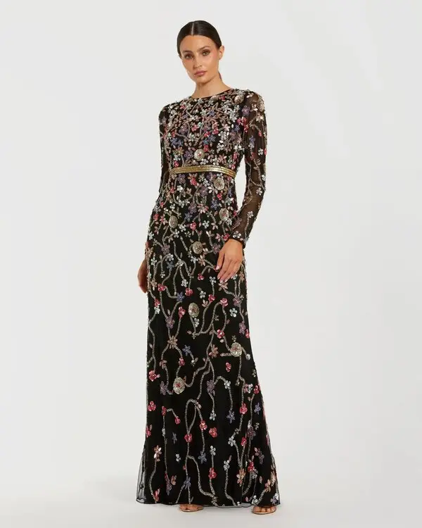 Mac Duggal Embellished Mesh Long Sleeve Gown