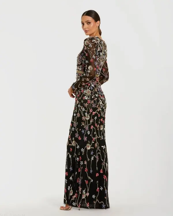 Mac Duggal Embellished Mesh Long Sleeve Gown