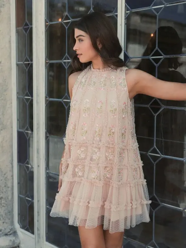 Mac Duggal Sleeveless Beaded Ruffle Mini Dress