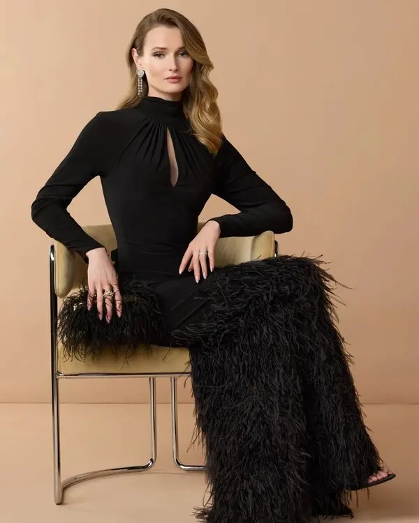 MAC DUGGAL COLLECTION Long Sleeve Feather Trim Gown