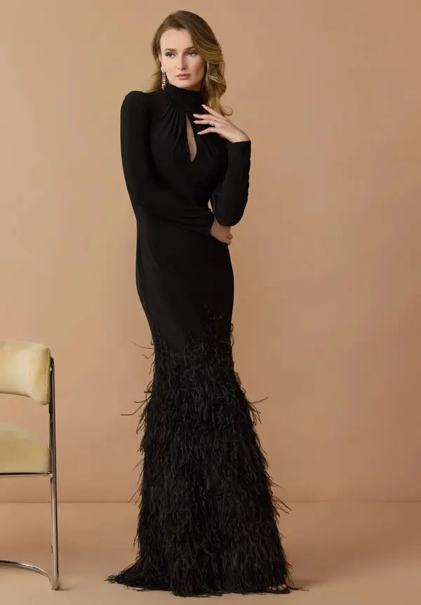 MAC DUGGAL COLLECTION Long Sleeve Feather Trim Gown