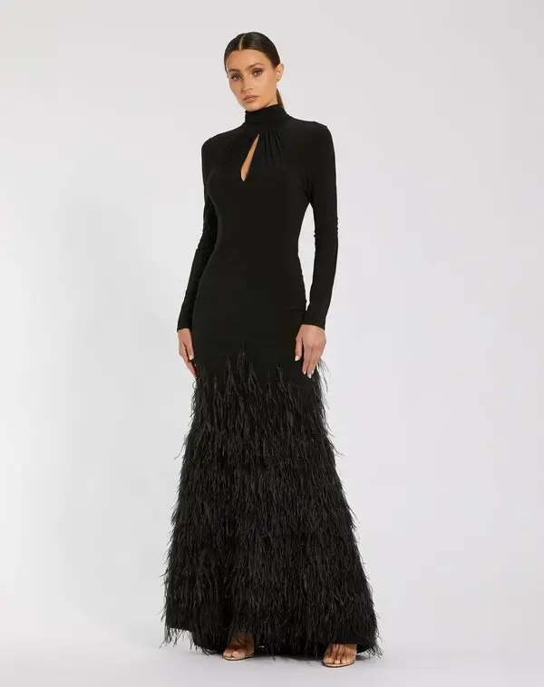 MAC DUGGAL COLLECTION Long Sleeve Feather Trim Gown