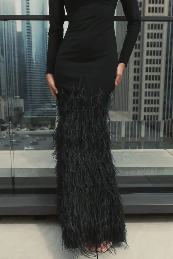 MAC DUGGAL COLLECTION Long Sleeve Feather Trim Gown