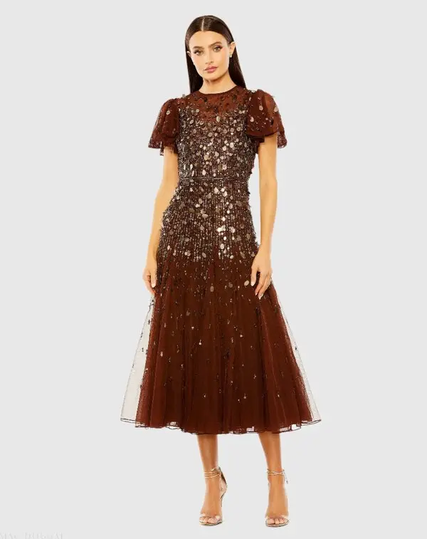 Mac Duggal High Neck Flutter Sleeve Embellished Midi Dress - Brown