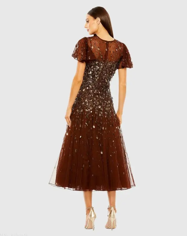 Mac Duggal High Neck Flutter Sleeve Embellished Midi Dress - Brown