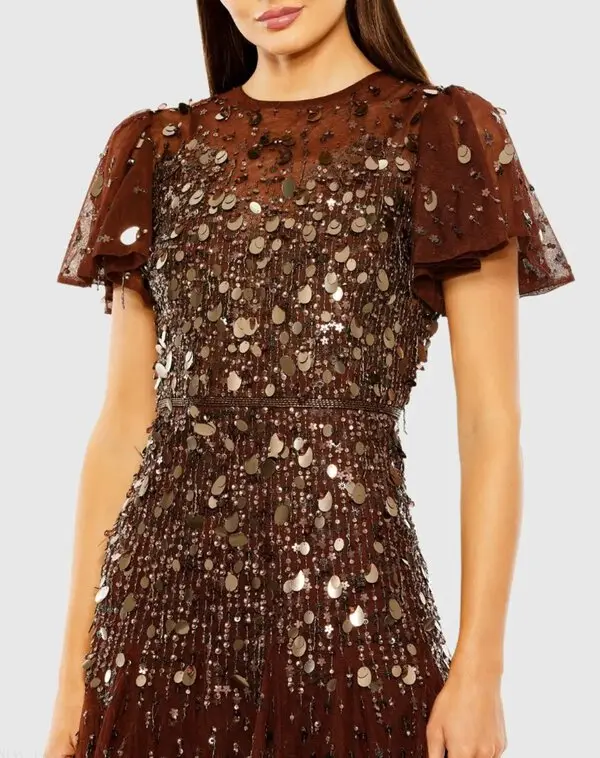 Mac Duggal High Neck Flutter Sleeve Embellished Midi Dress - Brown