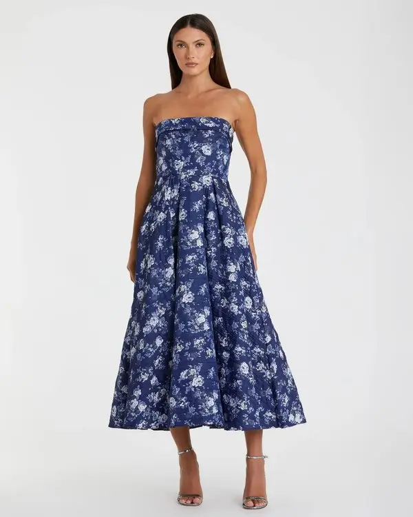 Mac Duggal Strapless Floral Brocade Midi Dress - Blue Multi