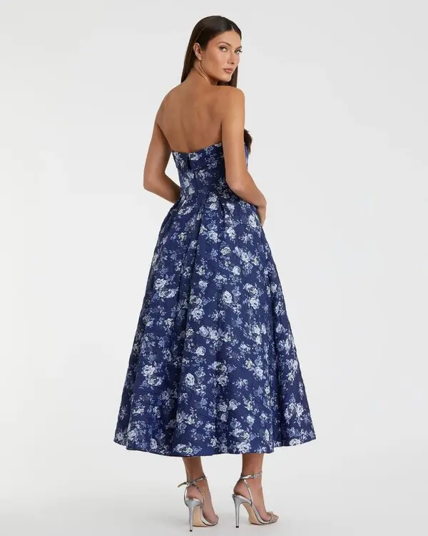 Mac Duggal Strapless Floral Brocade Midi Dress - Blue Multi