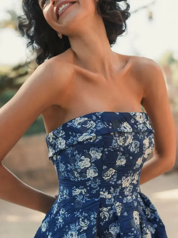 Mac Duggal Strapless Floral Brocade Midi Dress - Blue Multi
