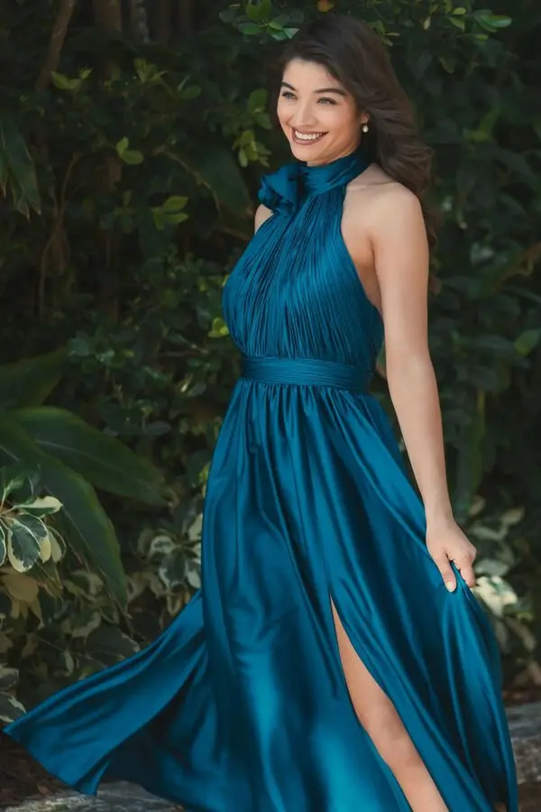 mac duggal pleated midi dress Mac Duggal Women's Long Sleeve Pleated Handkerchief Dress - Blue - Size 8