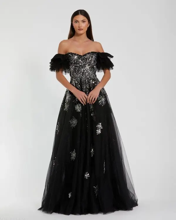 Mac Duggal Tulle Off-the-shoulder Gown With Sequin Details