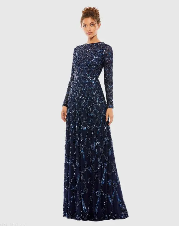 Mac Duggal Embellished Illusion High Neck A-line Gown - Midnight