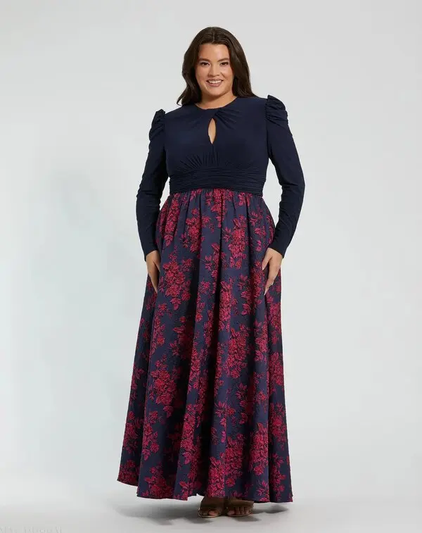Mac Duggal Floral Bottom Gown With Long Sleeves