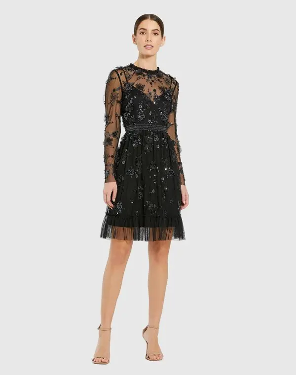 Mac Duggal Embellished Mini Dress With Sheer Long Sleeves