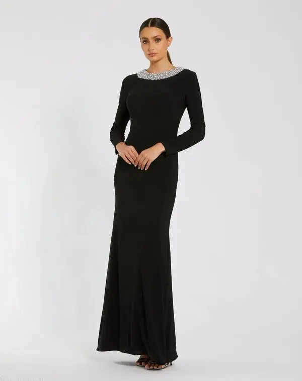 Mac Duggal Long Sleeve High Neck Embellished Gown - Black