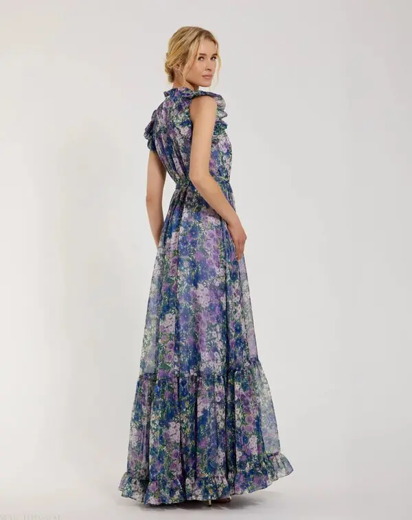 Mac Duggal Floral-printed Chiffon Gown With Ruffle Sleeves