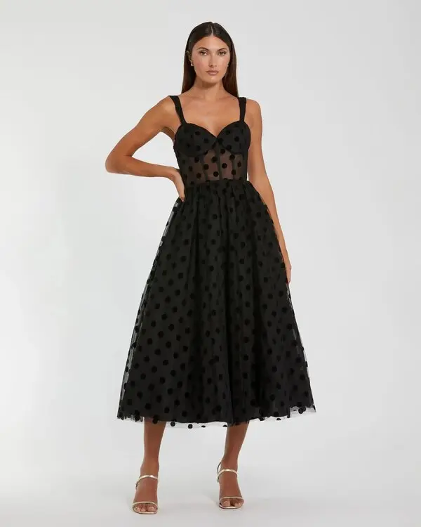 Mac Duggal Polka Dot Tulle A-line Midi Dress - Black
