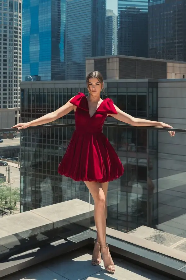 Mac Duggal Velvet Mini Dress With Bow Detail