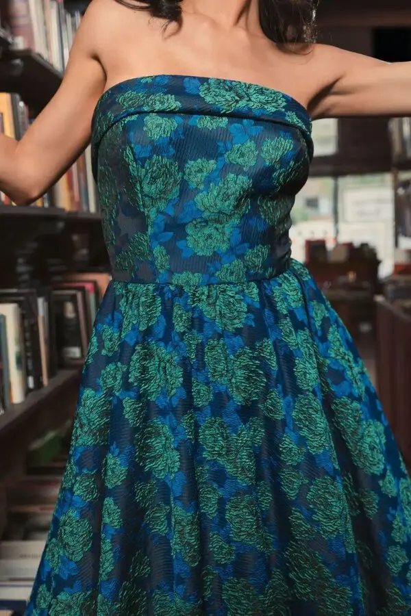Mac Duggal Brocade Strapless A-line Midi Dress - Emerald Multi