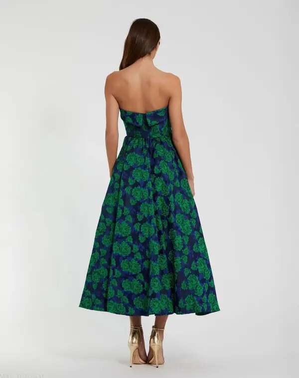 Mac Duggal Brocade Strapless A-line Midi Dress - Emerald Multi