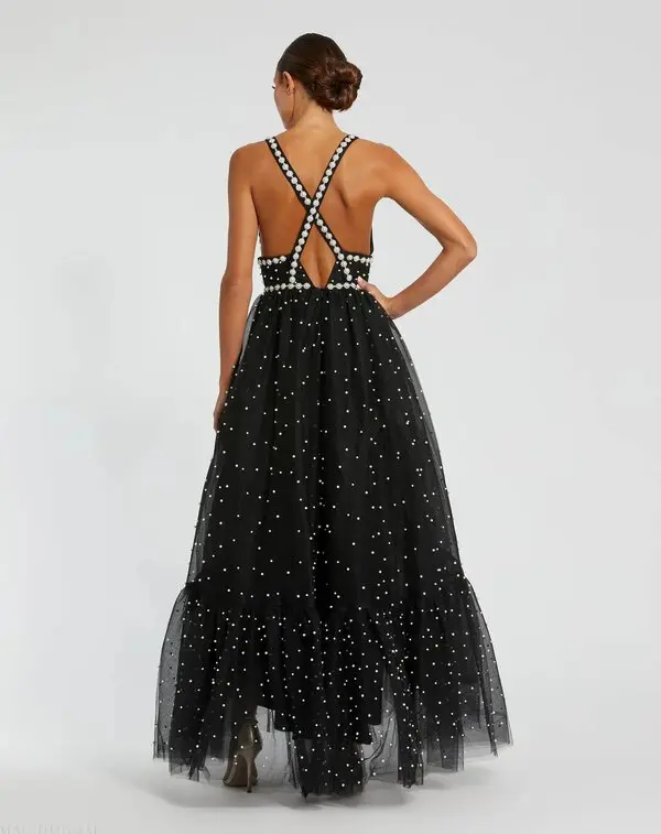 Mac Duggal Pearl Beaded High Low Gown - Black
