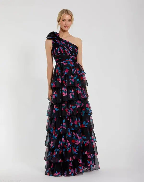 Mac Duggal Floral Chiffon One Shoulder Tiered Ruffle Gown