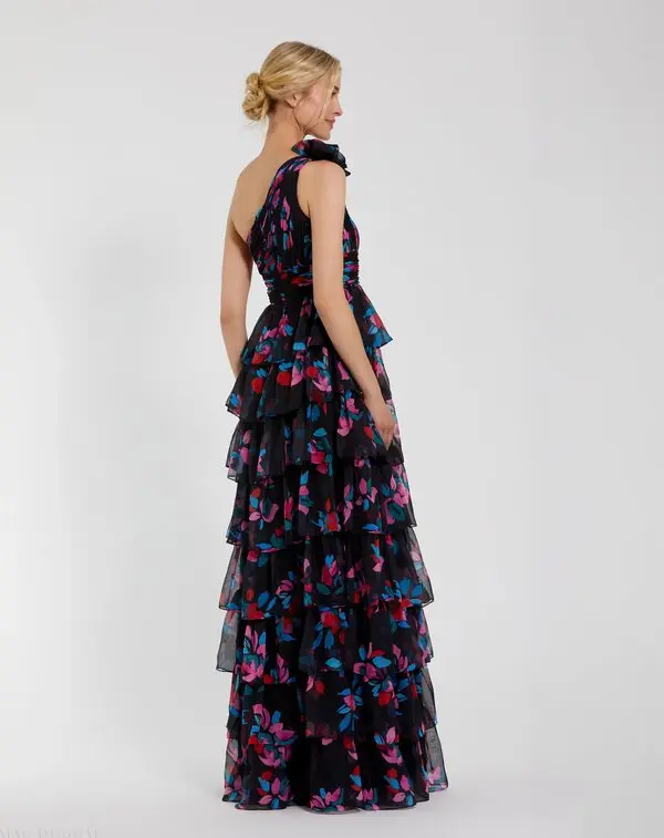 Mac Duggal Floral Chiffon One Shoulder Tiered Ruffle Gown