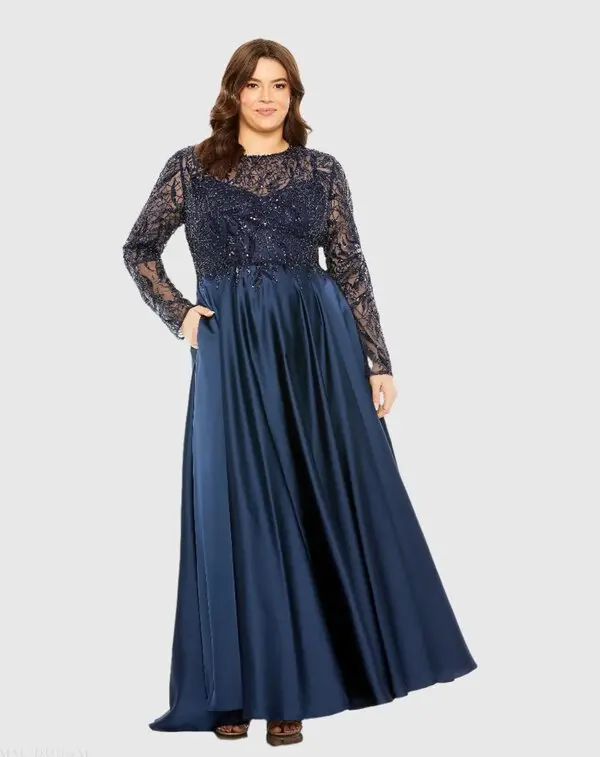 Mac Duggal Long Sleeve Beaded Top Gown