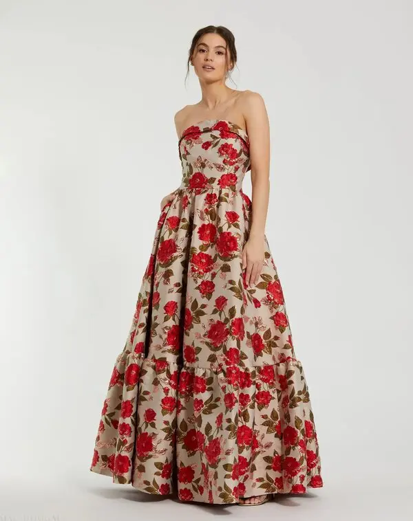 Mac Duggal Brocade Strapless Floral Gown With Ruffle Hem