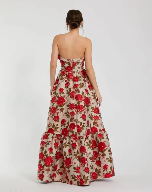 Mac Duggal Brocade Strapless Floral Gown With Ruffle Hem