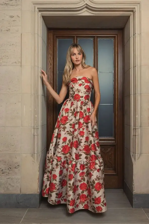 Mac Duggal Brocade Strapless Floral Gown With Ruffle Hem