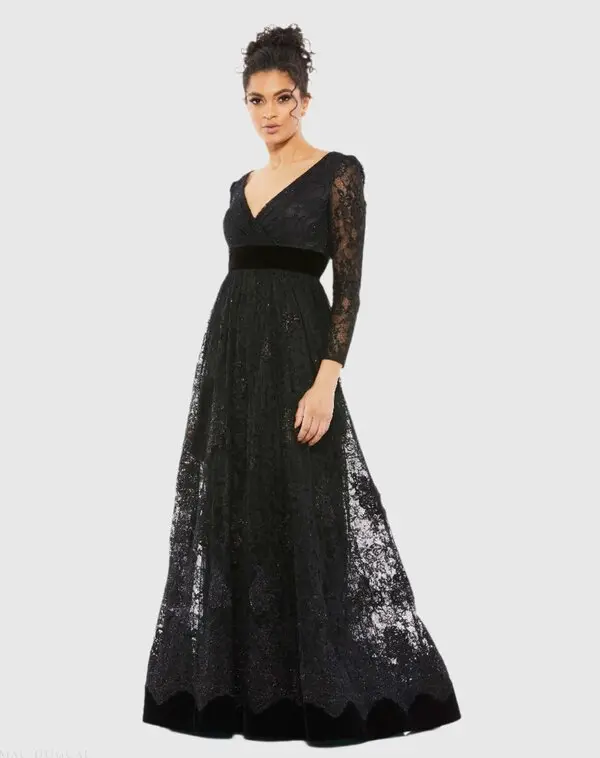 Mac Duggal Lace Long Sleeve V-neck Gown