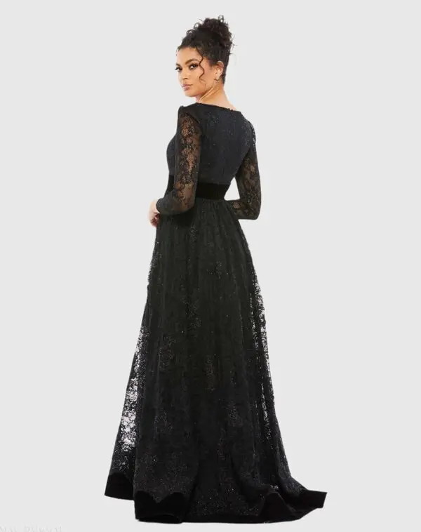 Mac Duggal Lace Long Sleeve V-neck Gown