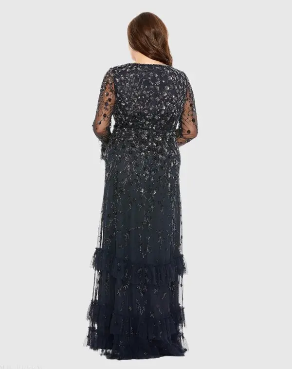 Mac Duggal Embellished V-neck Gown With Flutter Sleeves And Tiered Hem