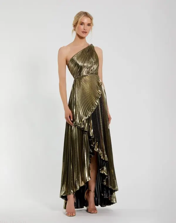 Mac Duggal Metallic One Shoulder Gown With High-low Ruffle Skirt