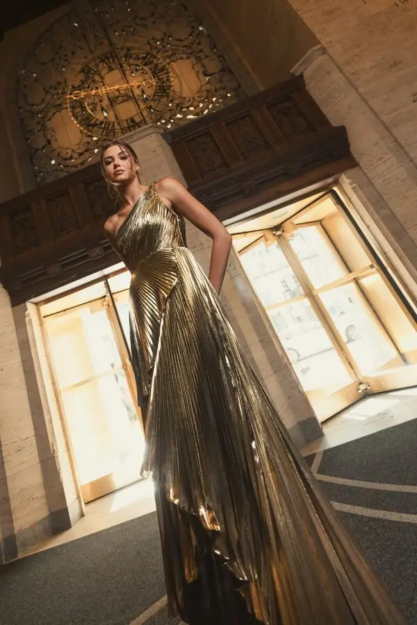 slim fit dress slacks Gold Metallic Foil Pattern One Shoulder Mini Dress main image 1