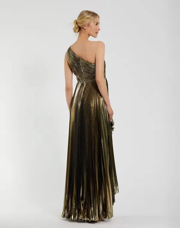 Mac Duggal Metallic One Shoulder Gown With High-low Ruffle Skirt