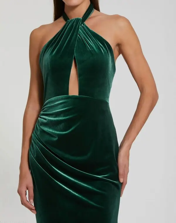 Mac Duggal Velvet Halterneck Gown With Draped Front And Open Back - Green